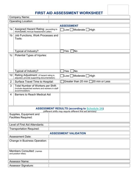 First Aid Assessment Worksheet
