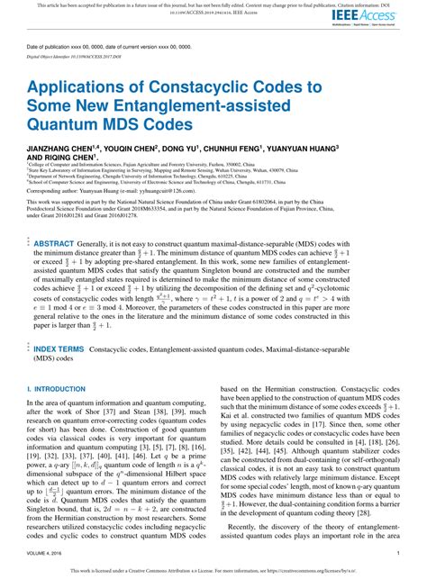 Pdf Applications Of Constacyclic Codes To Some New Entanglement Assisted Quantum Mds Codes
