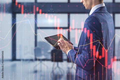 Businessman Using Tablet With Falling Red Forex Hologram Standing On