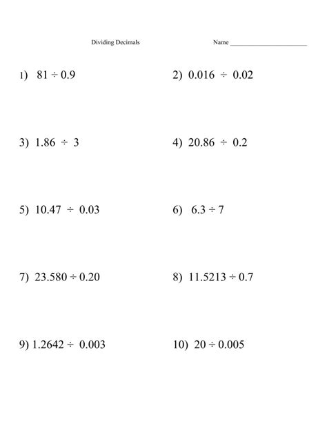 Decimal By Decimal Division Worksheet