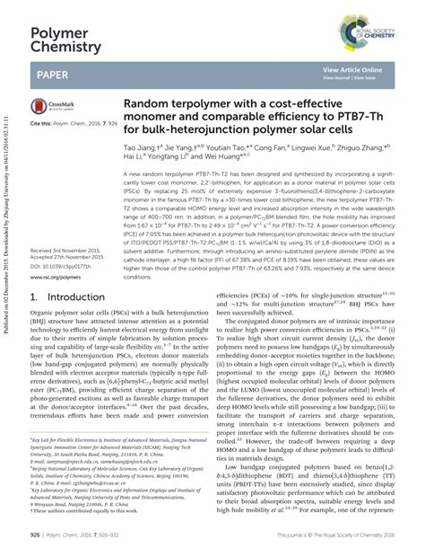 Pdf Random Terpolymer With A Cost Effective Monomer And Comparable Efficiency To Ptb7 Th For