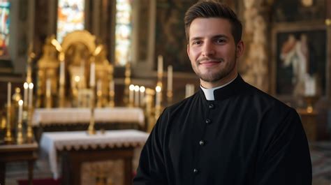 Italian Catholic Priest Posing In Ornate Church Interior For Religious