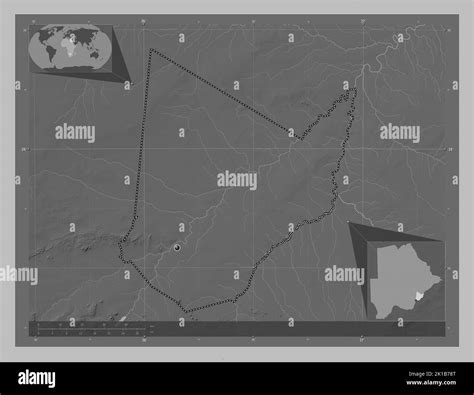 Kgatleng District Of Botswana Grayscale Elevation Map With Lakes And Rivers Corner Auxiliary