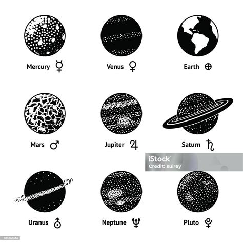 Set Of Monochrome Planet Icons With Names And Astronomical Symbols