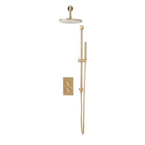 Core Brushed Brass Round Handle Head And Handset Riser Kit Scudo Bathrooms
