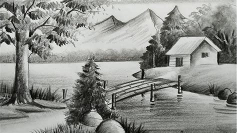 How To Draw Easy Pencil Sketch Scenery Landscape Pahar And River Side Scenery Drawing Step By