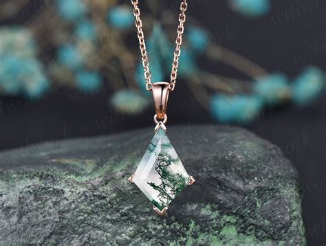 Kite Natural Moss Agate Necklace Solid 14k 18k Rose Gold Vintage Uniqu