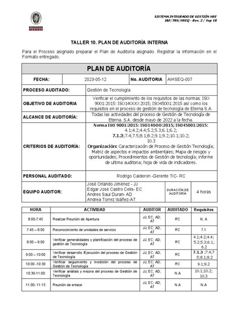Taller 10 Plan Auditoria Pdf Auditoría Procesos De Negocio