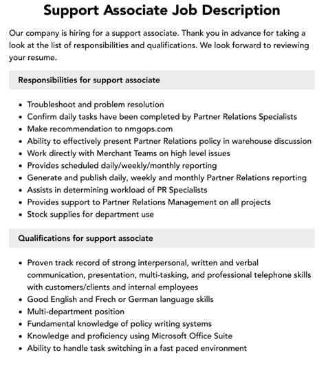 Support Associate Job Description Velvet Jobs