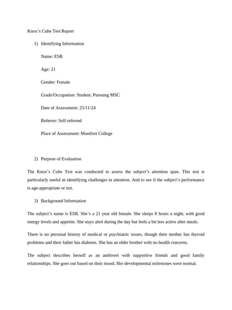 Knox Cube Report Pdf Psychology Psychological Concepts