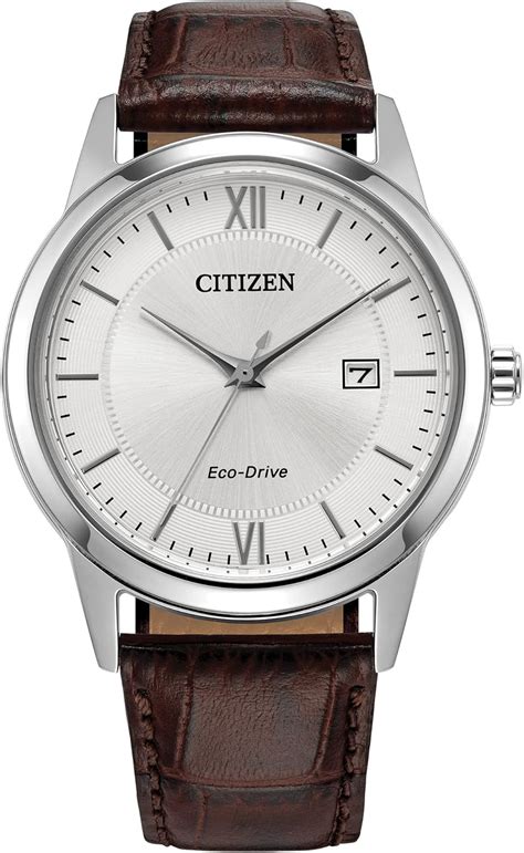 Citizen Mens Classic Eco Drive Leather Strap Watch 3 Hand Date Luminous Hands And