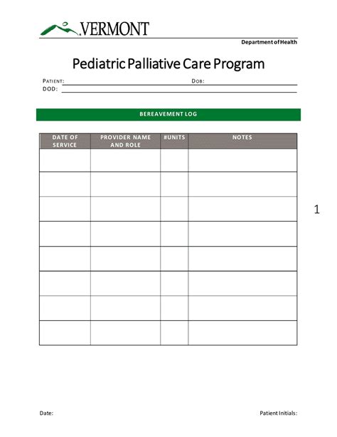 Vermont Bereavement Log Pediatric Palliative Care Program Fill Out