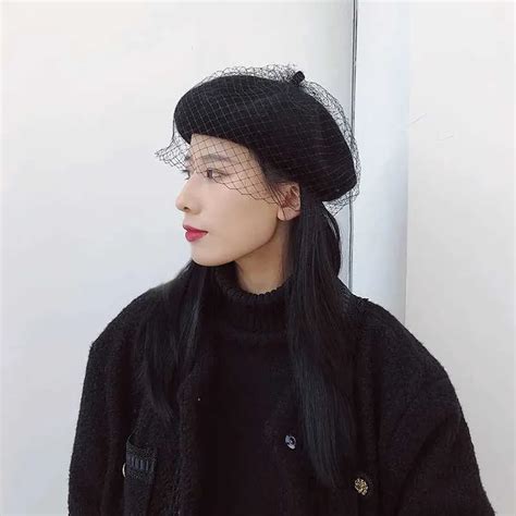 Vintage French Artist Beret With Veil Mesh For Women Wool Monochrome