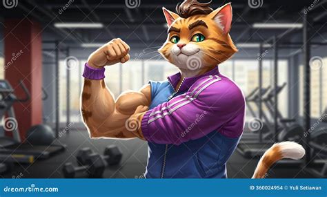 Illustrative Anthropomorphic Cat Flexing Muscles In A Modern Gym