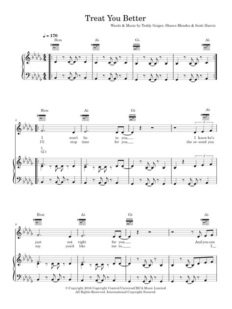 Treat You Better Sheet Music For Piano Vocals By Shawn Mendes Official