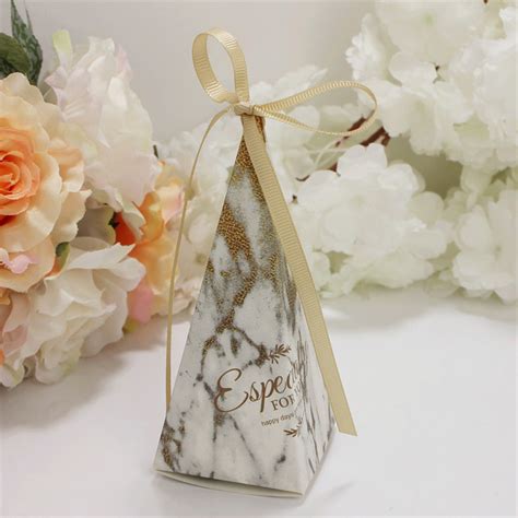 50pcs Pyramid Shape Candy Boxes With Ribbon Weddin Grandado