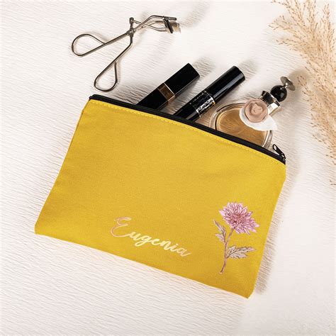 Personalized Name Birth Flower Makeup Bag Custom Monogram Canvas