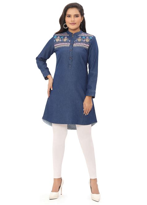 Get Colourblocked Embroidered Patch Dark Denim A Line Tunic At ₹ 1499