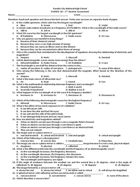 Science 10 2nd Quarter Assessment Pdf Electromagnetic Radiation
