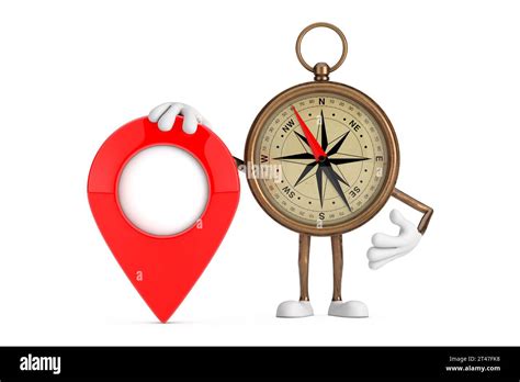 Antique Vintage Brass Compass Cartoon Person Character Mascot With Red Target Map Pointer Pin On