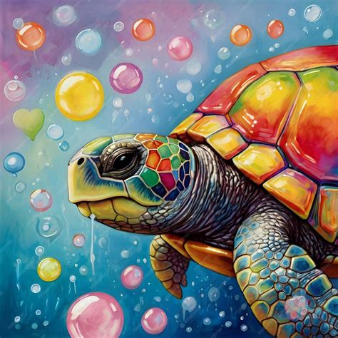A Rainbowhued Turtle With Big Joyful Eyes And A Bright Smile Surrounded By Lively Hearts And