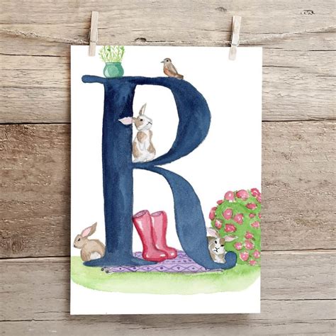 Letter R Teatime In The Garden Watercolor Print Letter R Initial Art