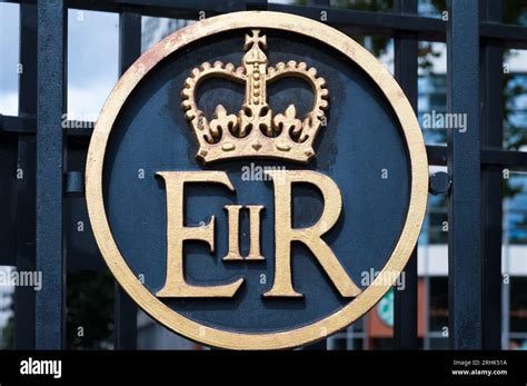 Cast Metal Ellr Royal Cypher Of Queen Elizabeth Ii On A Gate Outside