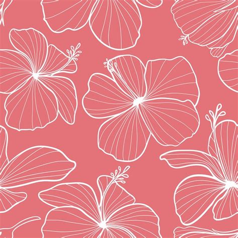 Premium Vector Vector Pink Hibiscus Line Art Seamless Pattern Background