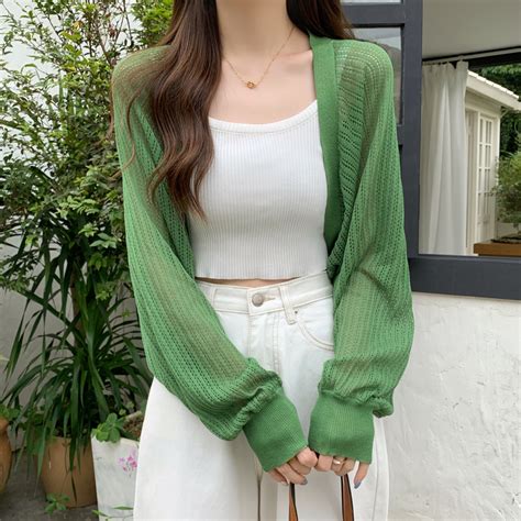 시크온미 여성 흰색 펀칭 스카시 여름 얇은 자외선차단 긴팔 니트 볼레로 숏 크롭가디건 소라색 초록