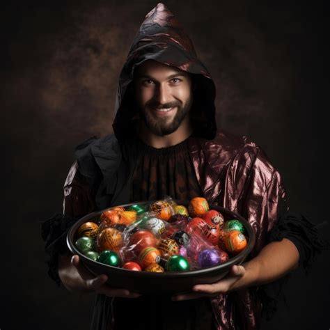 Premium Ai Image Man In Halloween Costume Holding A Bowl Of Candy