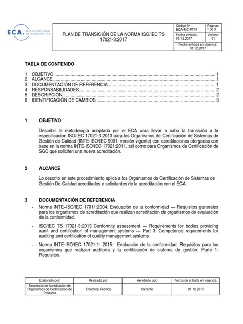 Eca Mc Pt14 Plan De Transicion Norma 17021 3 2017 Vf V01 Pdf Sistema De Manejo De Calidad