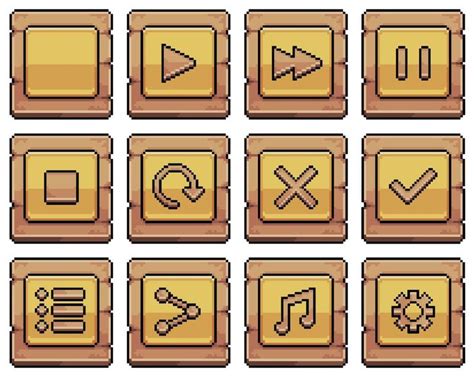 Pixel Art Wooden Buttons For Game And App Interface Vector Icon For