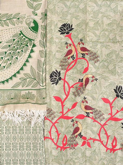 Alabaster Gleam Printed Salwar Kameez Fabric From Bengal With Peacocks