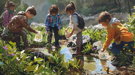 Una Pintura De Niños Jugando En Un Arroyo Con Agua Y Plantas Imagen