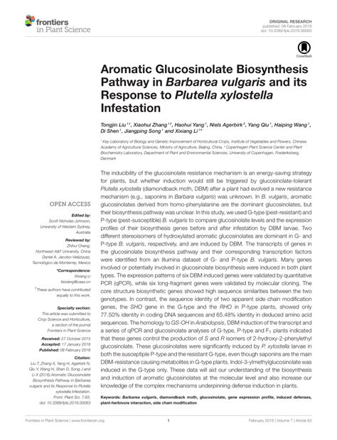 Pdf Aromatic Glucosinolate Biosynthesis Pathway In Barbarea Vulgaris And Its Response To