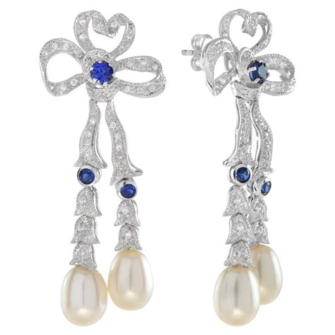 Edwardian Style Bow Diamond And Sapphire With Pearl Drop Earrings In