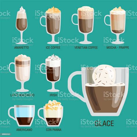 거품 음료 및 조식 아침 기호 맛 있는 향기로운 유리 구색 벡터 일러스트 커피잔 종류의 서로 다른 투명 컵 세트 갈색에 대한 스톡 벡터 아트 및 기타 이미지 Istock