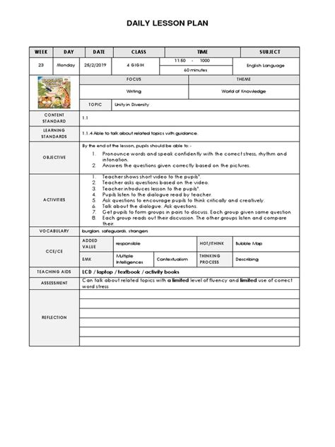 Daily Lesson Plan Week Day Date Class Time Subject Pdf Question