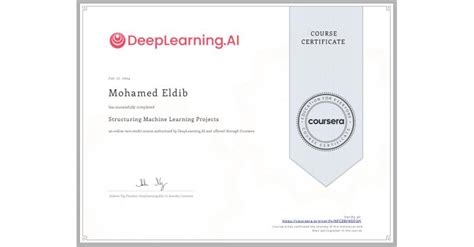 Completion Certificate For Structuring Machine Learning Projects Mohamed Eldib