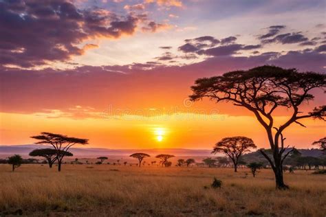 Beautiful Panoramic African Sunset In The Serengeti Park Savannah