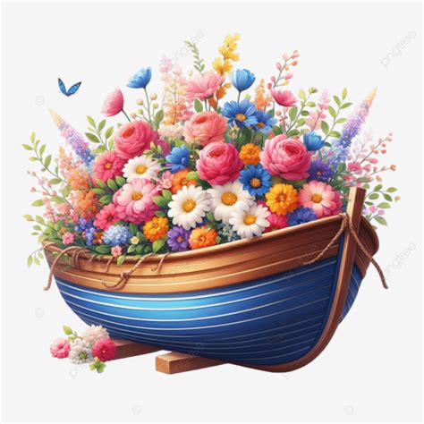 Wooden Boat Overflowing With Colorful Flowers Wooden Boat Colorful Flowers Overflowing Png