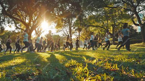 A Large Group Of People Participate In An Outdoor Fitness Class In A