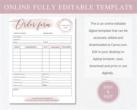 Editable Order Form Small Business Forms Printable Craft Etsy