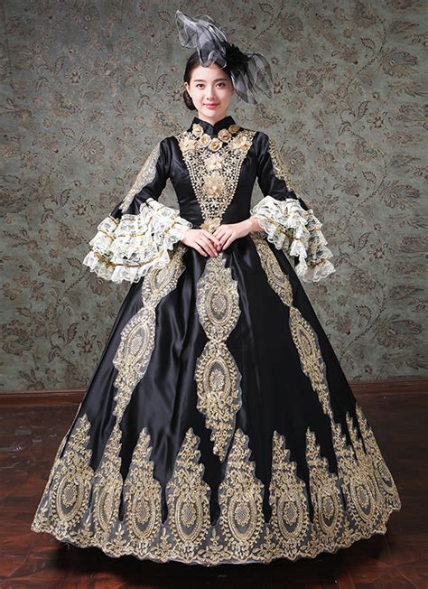 Women Halloween Vampire Dresses Black Embroidery Marie Antoinette