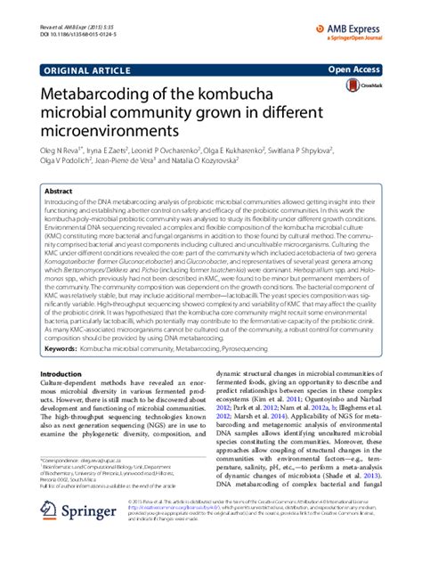 Pdf Metabarcoding Of The Kombucha Microbial Community Grown In