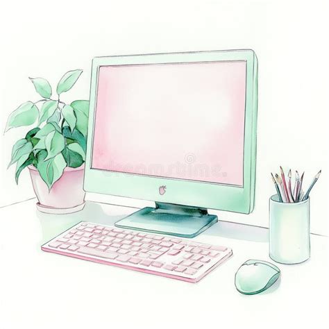 A Clean Workspace Featuring A Pastel Computer Setup With A Potted Plant
