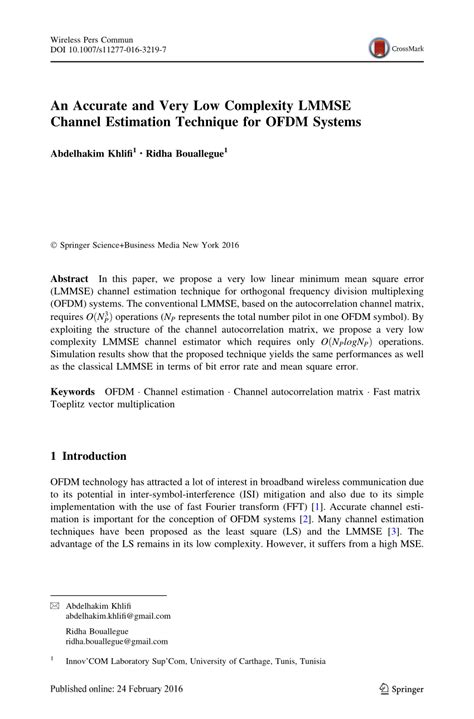 PDF An Accurate And Very Low Complexity LMMSE Channel Estimation Technique For OFDM Systems