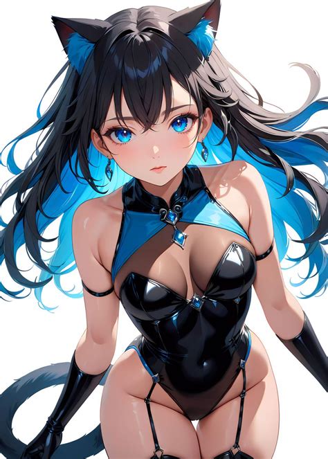 Anime Cat Girl In Black Late Bodysuit Blue Series Collection 04
