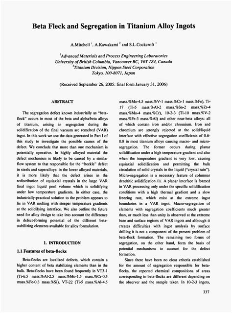 Pdf Beta Fleck And Segregation In Titanium Alloy Ingots