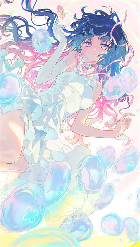Safebooru 1girl Air Bubble Blue Hair Breasts Bubble Closed Mouth